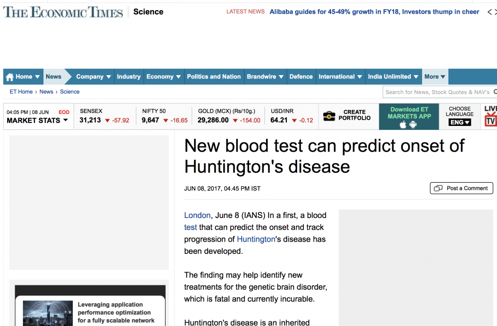 Economic Times – New blood test can predict onset of Huntington’s ...