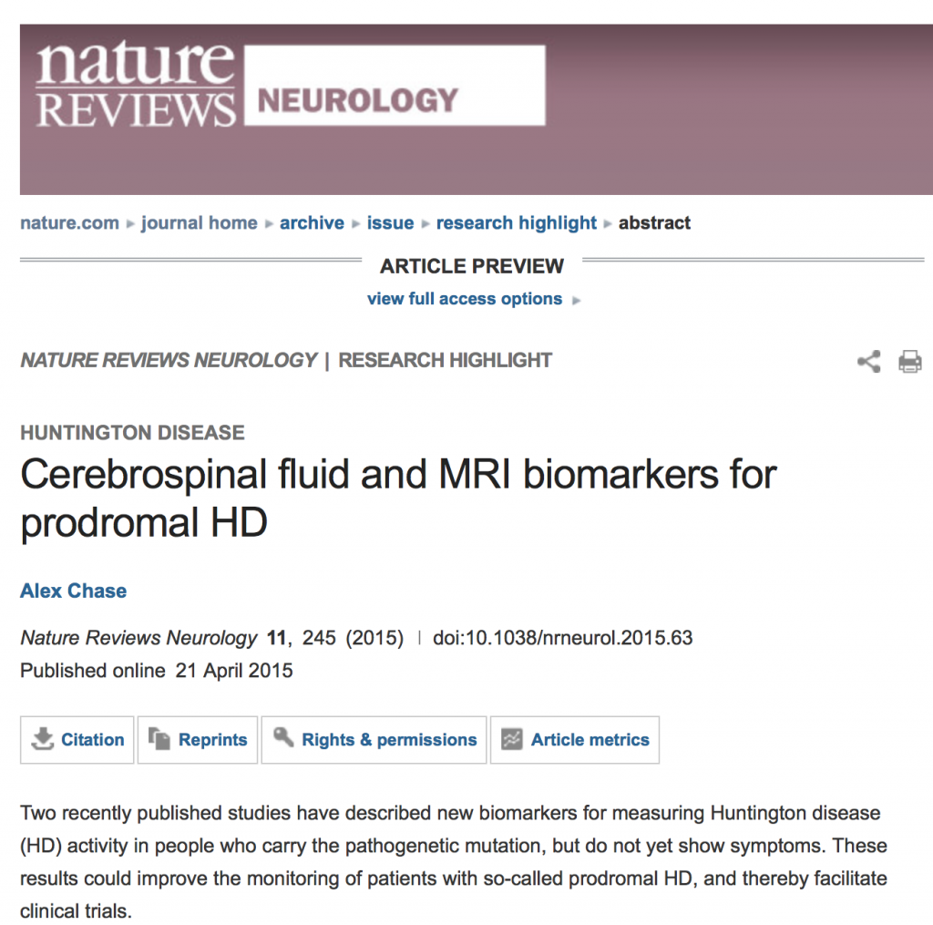 Nature News – Cerebrospinal fluid and MRI biomarkers for prodromal HD ...
