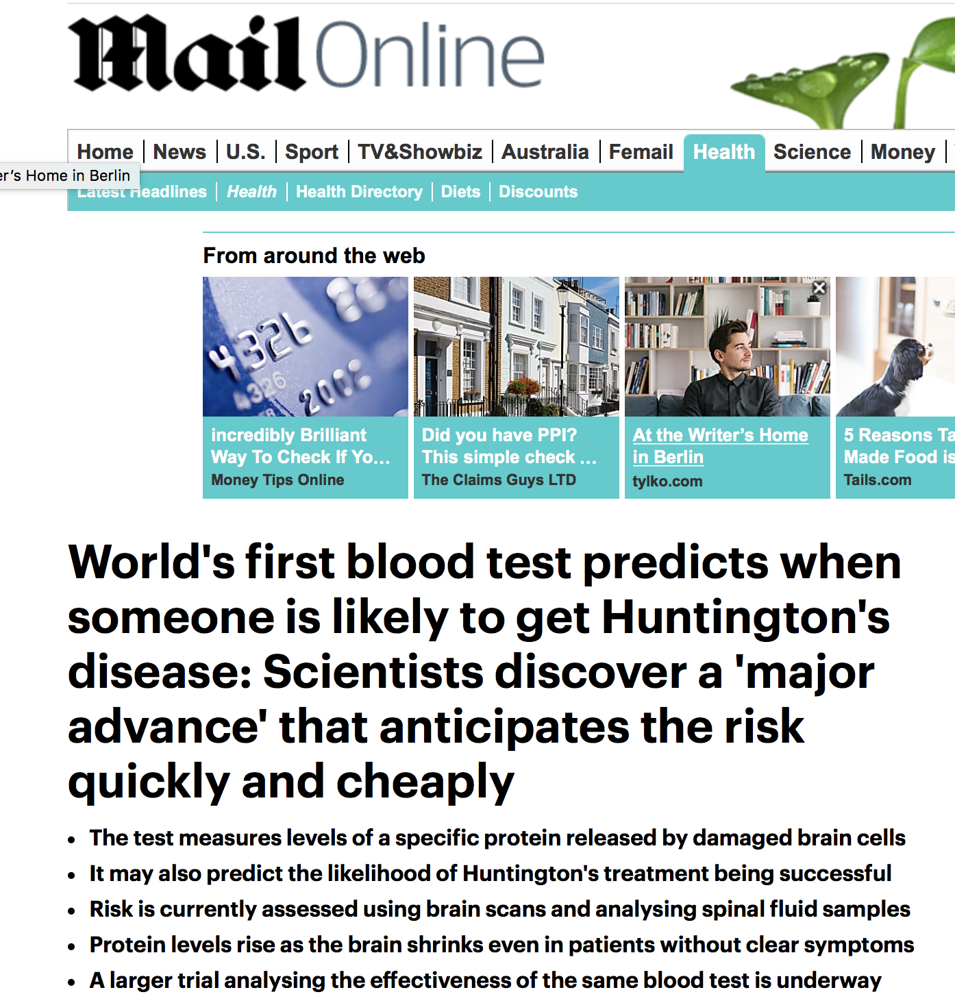 Daily Mail: World’s first blood test predicts when someone is likely to ...