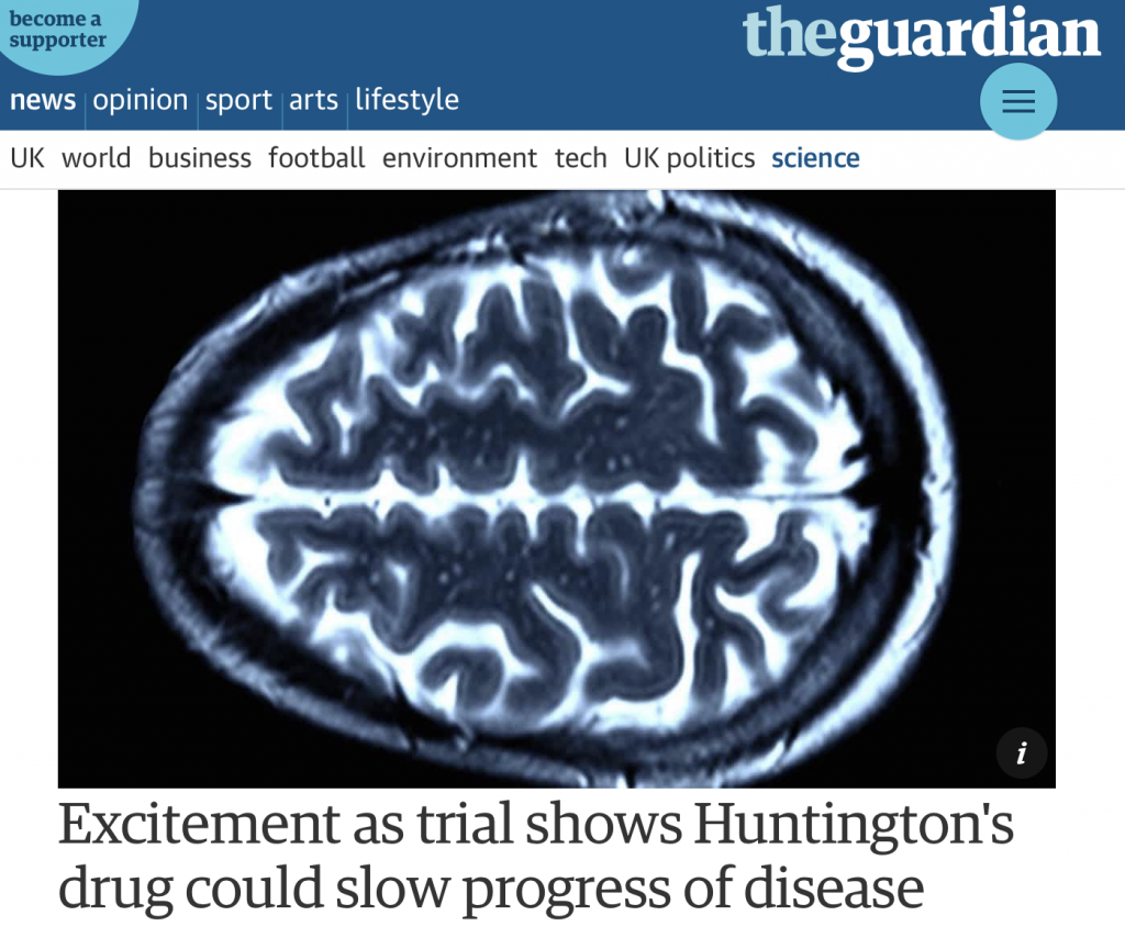 Guardian: Excitement as trial shows Huntington’s drug could slow ...