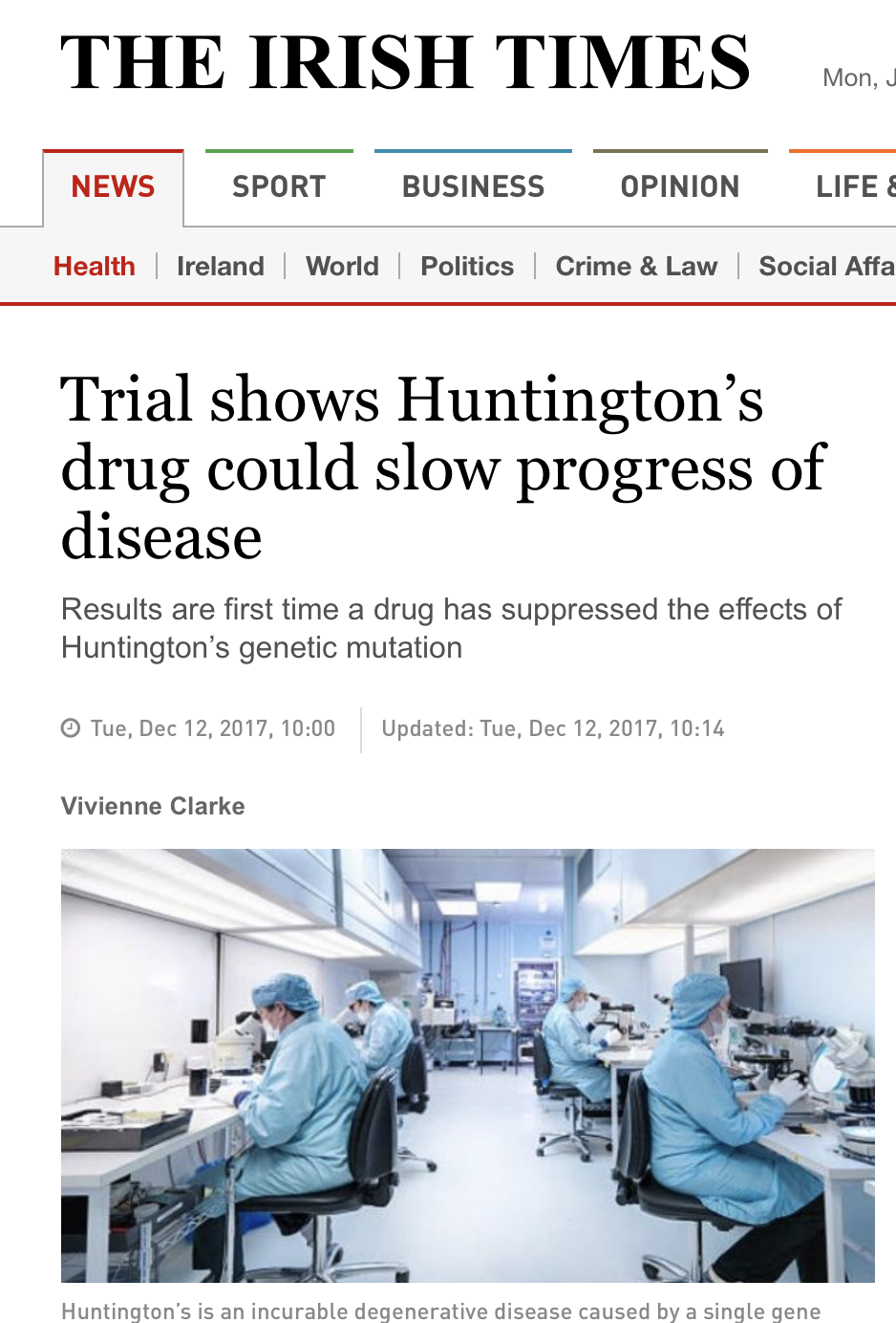 Irish Times: Trial shows Huntington’s drug could slow progress of ...